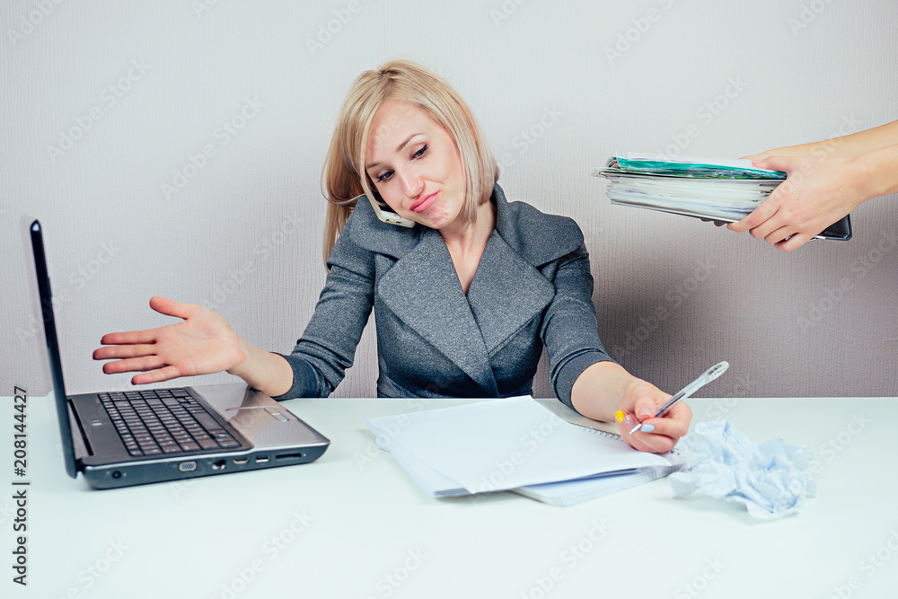 attractive smart blonde multitasking woman secretary (business lady) in ...