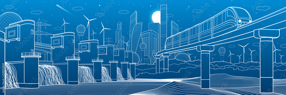 Urban infrastructure and transport illustration. Monorail bridge across ...