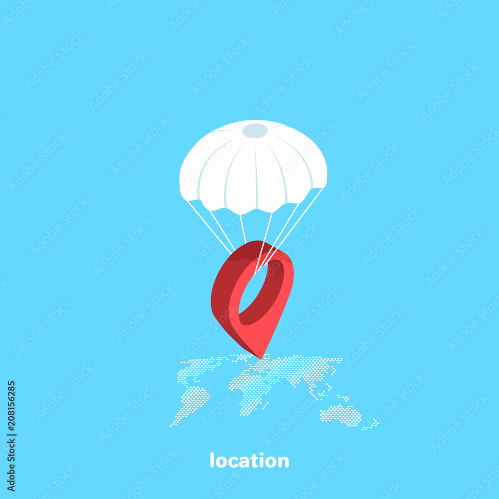 red locus icon descends on a parachute on a map of the globe, isometric ...