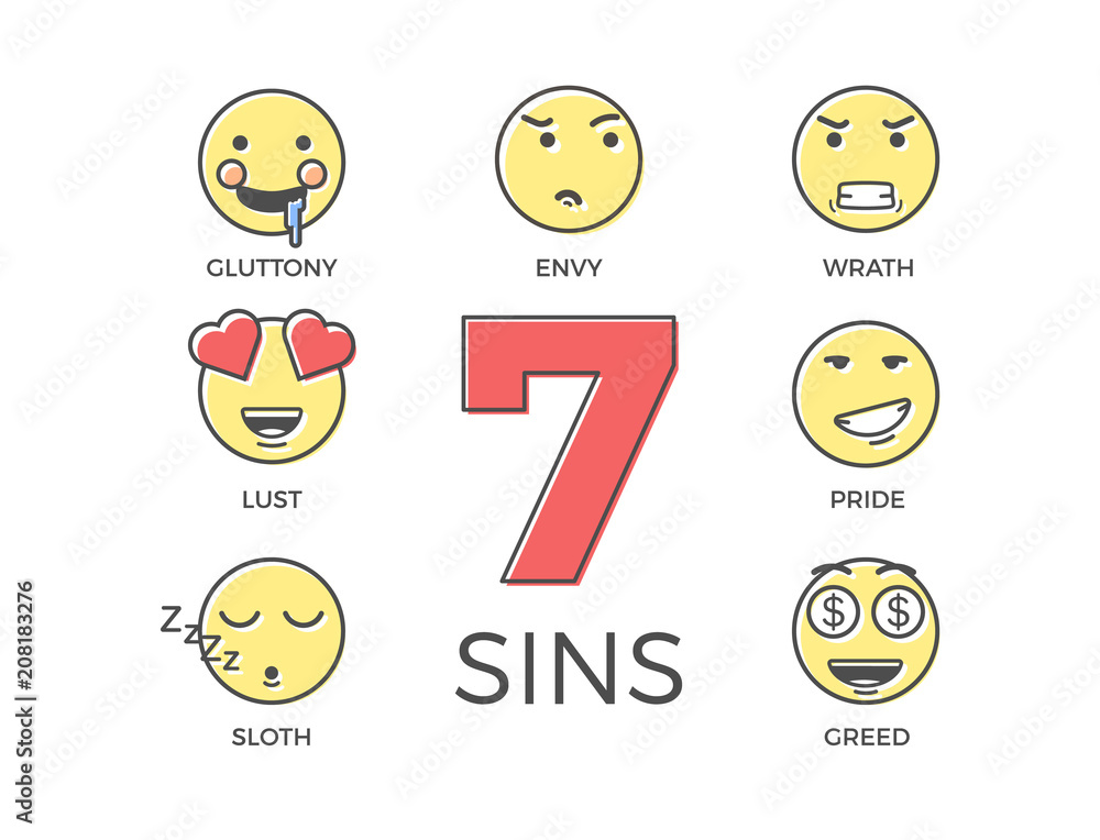 7 deadly sins represented by seven emoticon character expressions ...