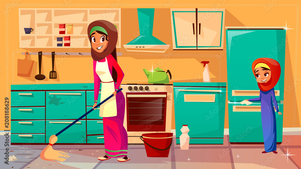 Vector cartoon muslim khaliji mother, daughter in hijab cleaning ...