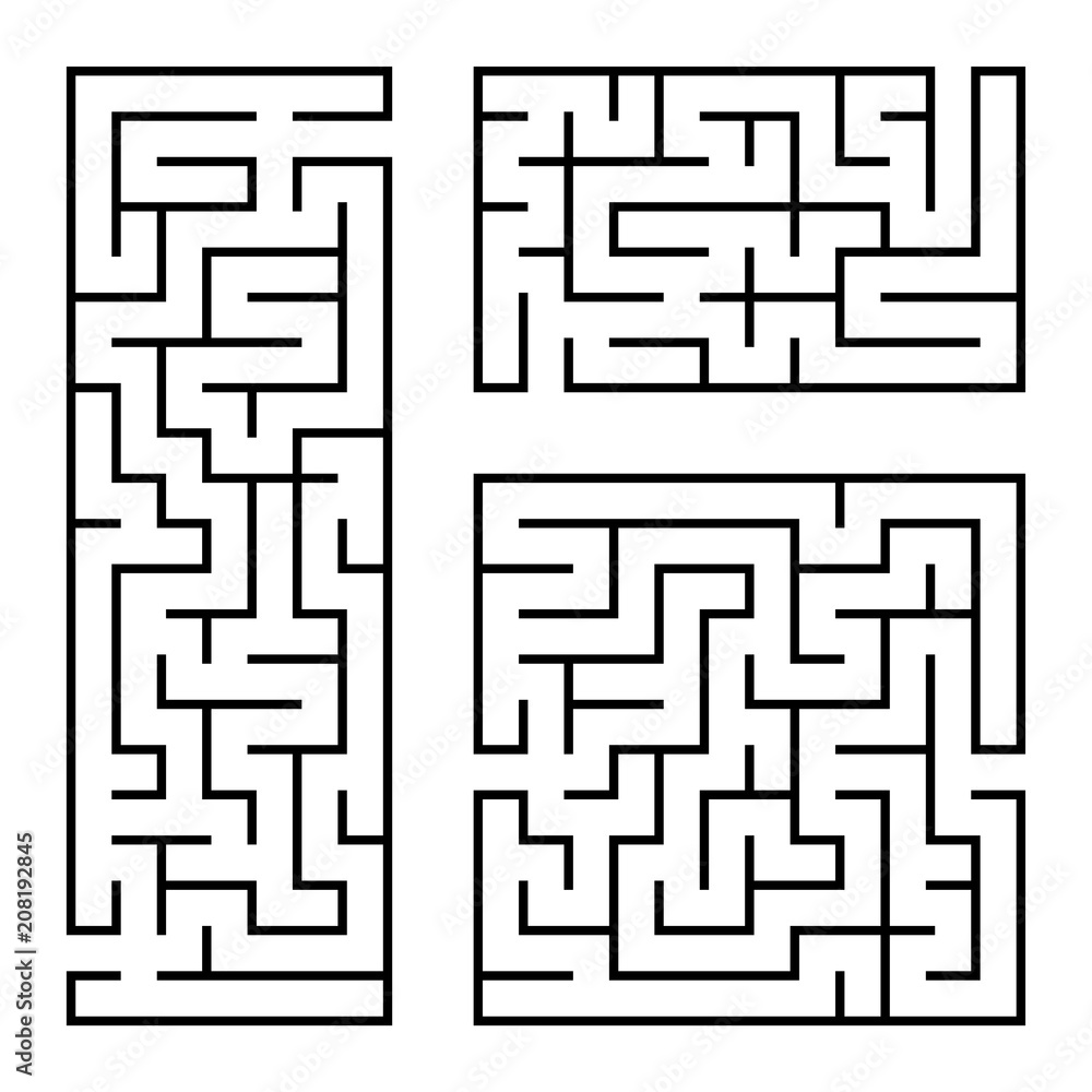 A set of square and rectangular labyrinths with entrance and exit. Simple flat vector ...