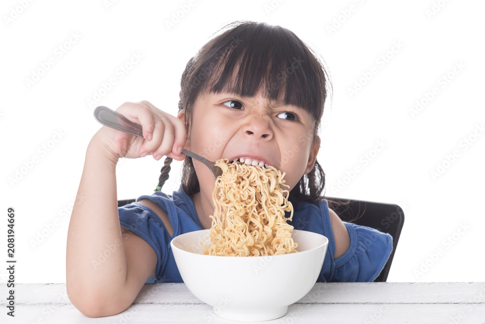 Cute asian girl eating noodle on white background isolated Stock Photo ...