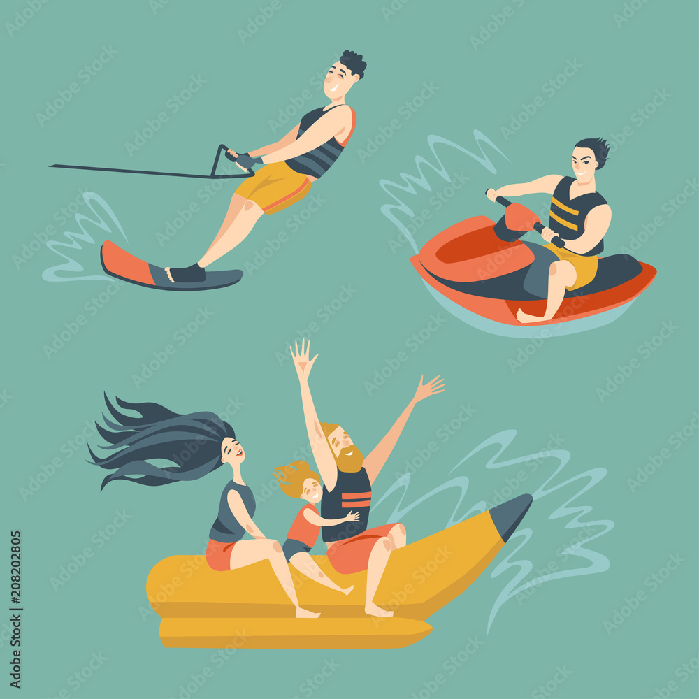 Set of summer water activities. Banana boat, water bike, water ski ...