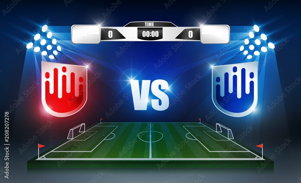 Football arena field with bright stadium lights. soccer score board ...
