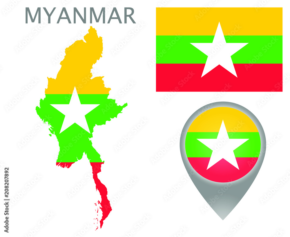 Colorful flag, map pointer and map of Myanmar in the colors of the ...