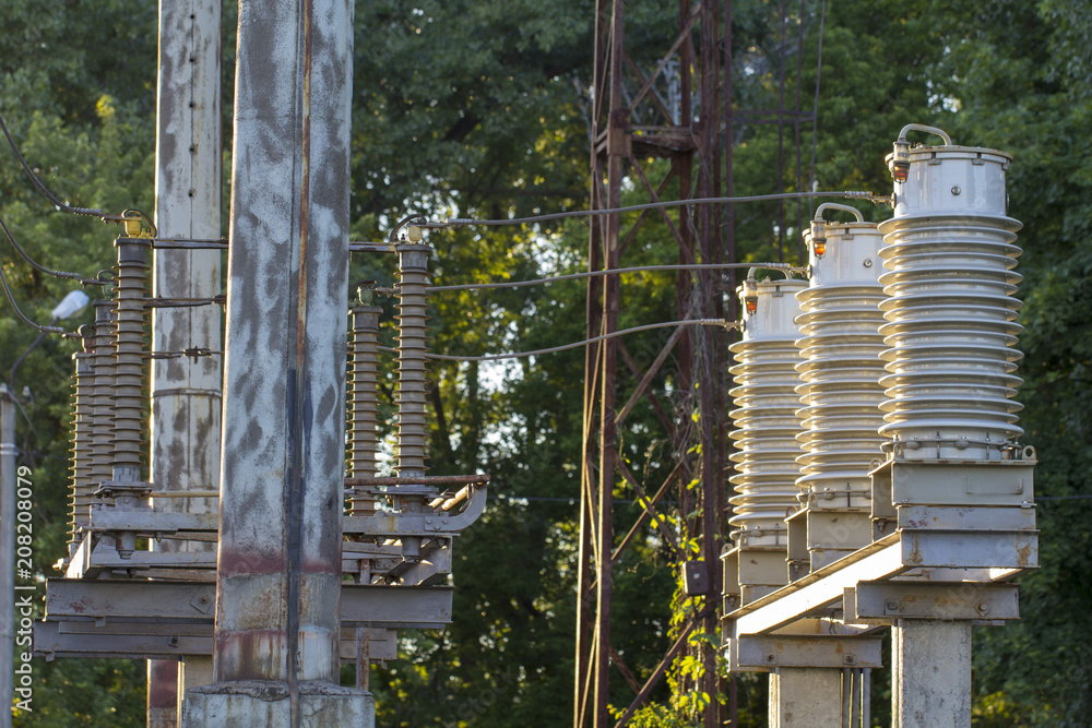 huge ceramic insulators on high-voltage power lines Stock Photo | Adobe ...