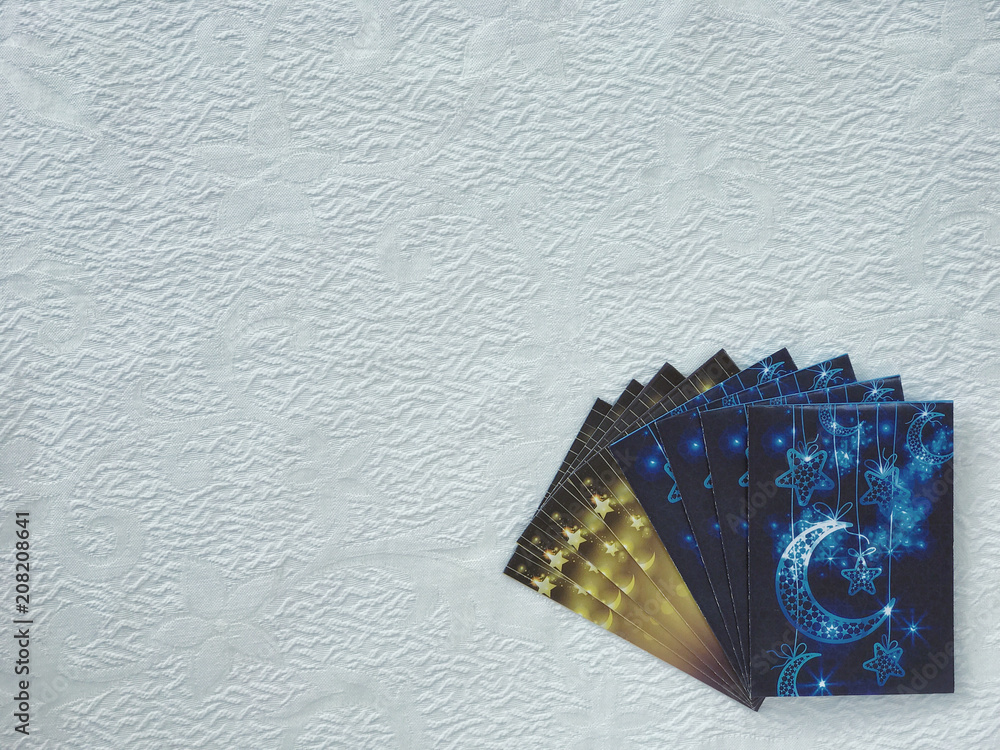 Hari Raya Aidilfitri concept - Top view of ‘Duit raya’ arranged on a ...