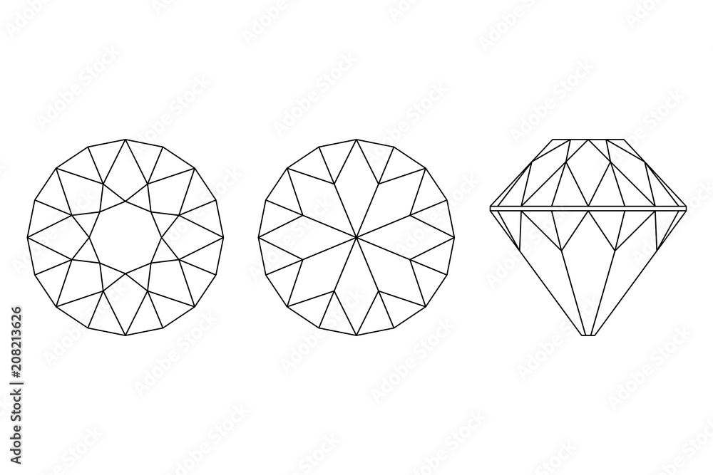 Three Different views of large diamond cuts, side, top and bottom ...