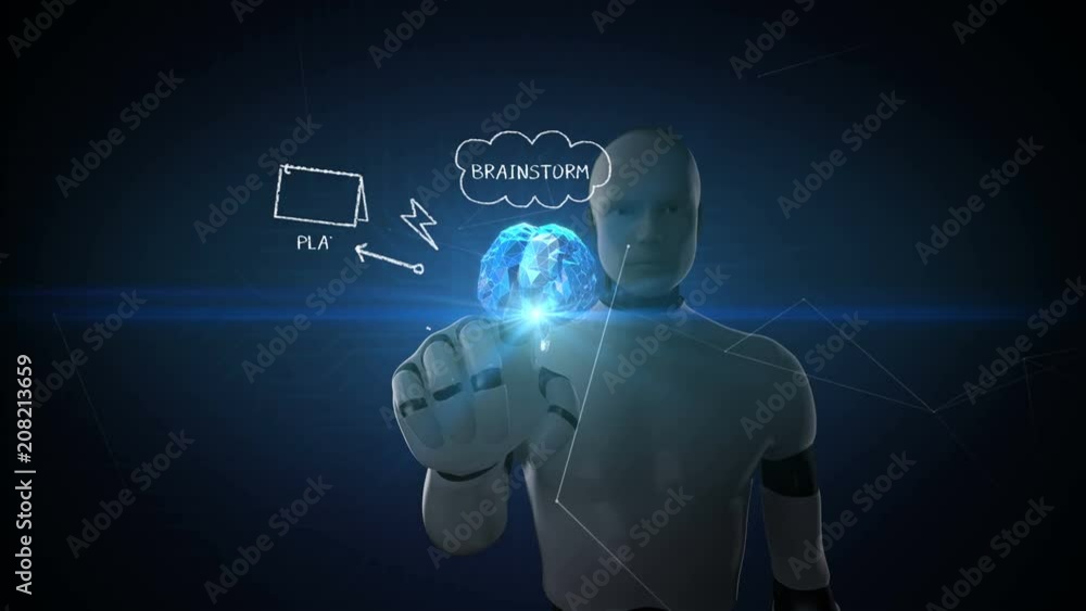 Robot, cyborg touching digital braion, Brainstorming to digital brain ...
