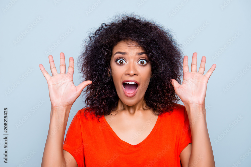 Give up! Portrait of stressed scared woman yelling with wide open mouth ...