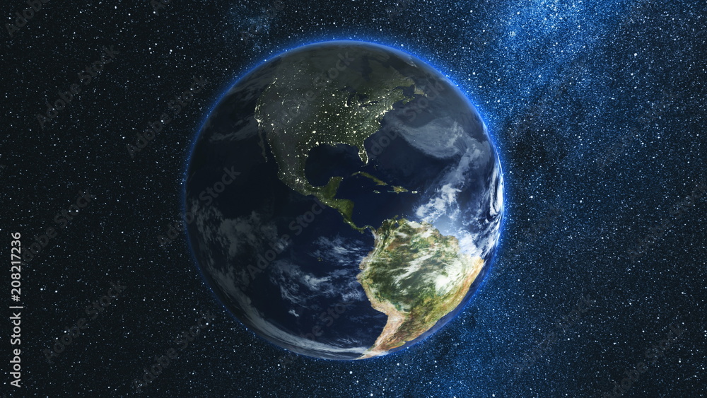 Realistic Earth Planet, rotating on its axis in space against the ...