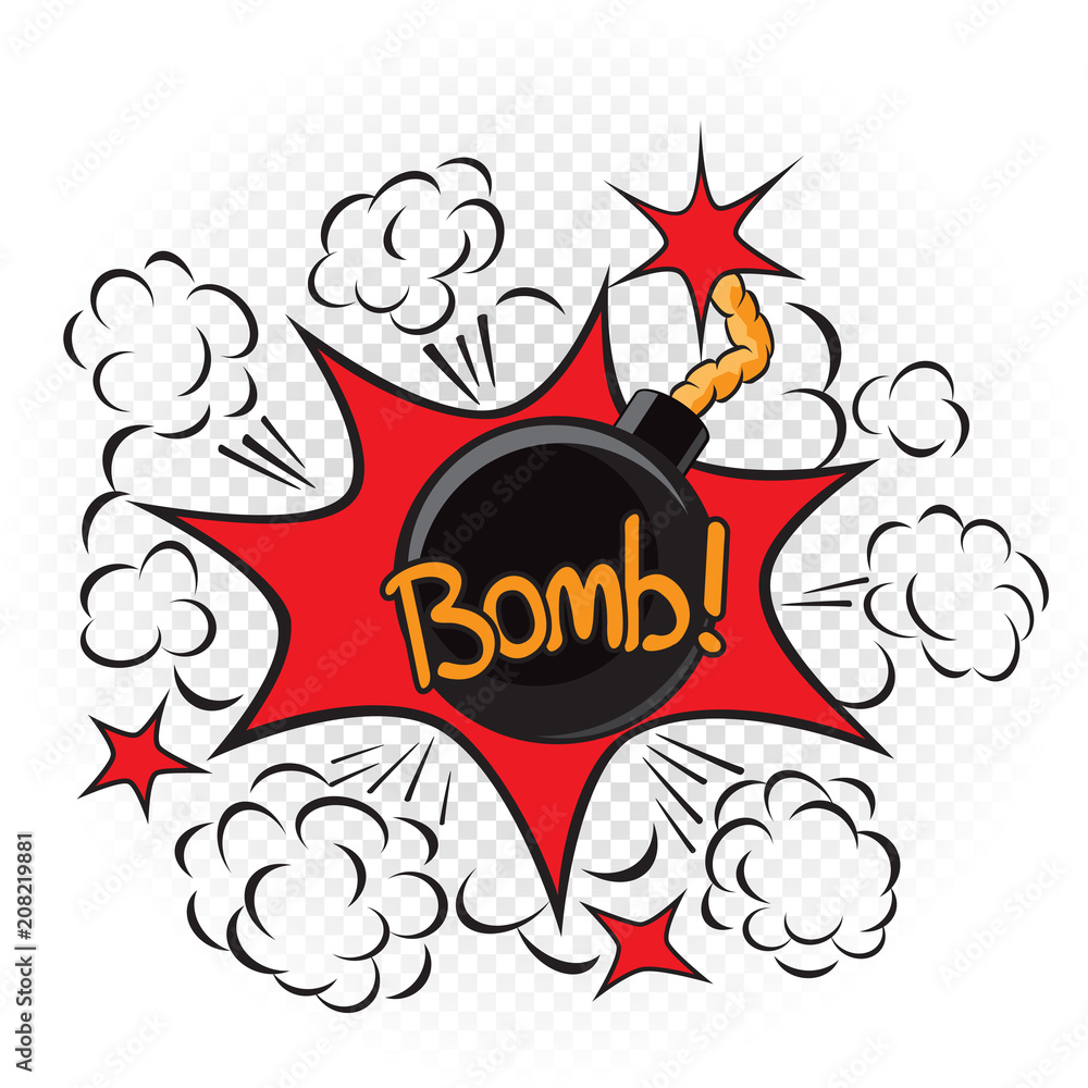 Bomb with fire cord wick. Explode cartoon illustration on transparent ...