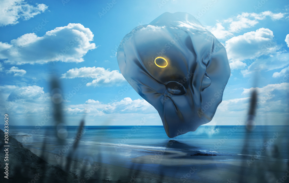 A strange and mysterious futuristic looking object hovering over a ...