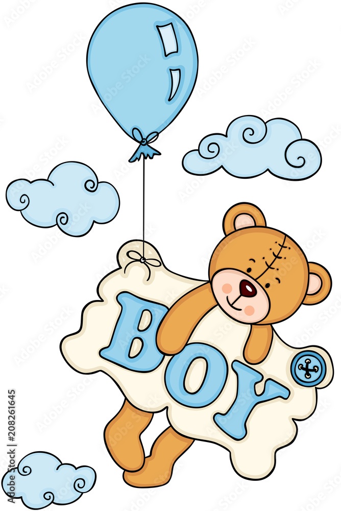 Baby boy teddy bear flying with balloon and a signboard Stock Vector ...