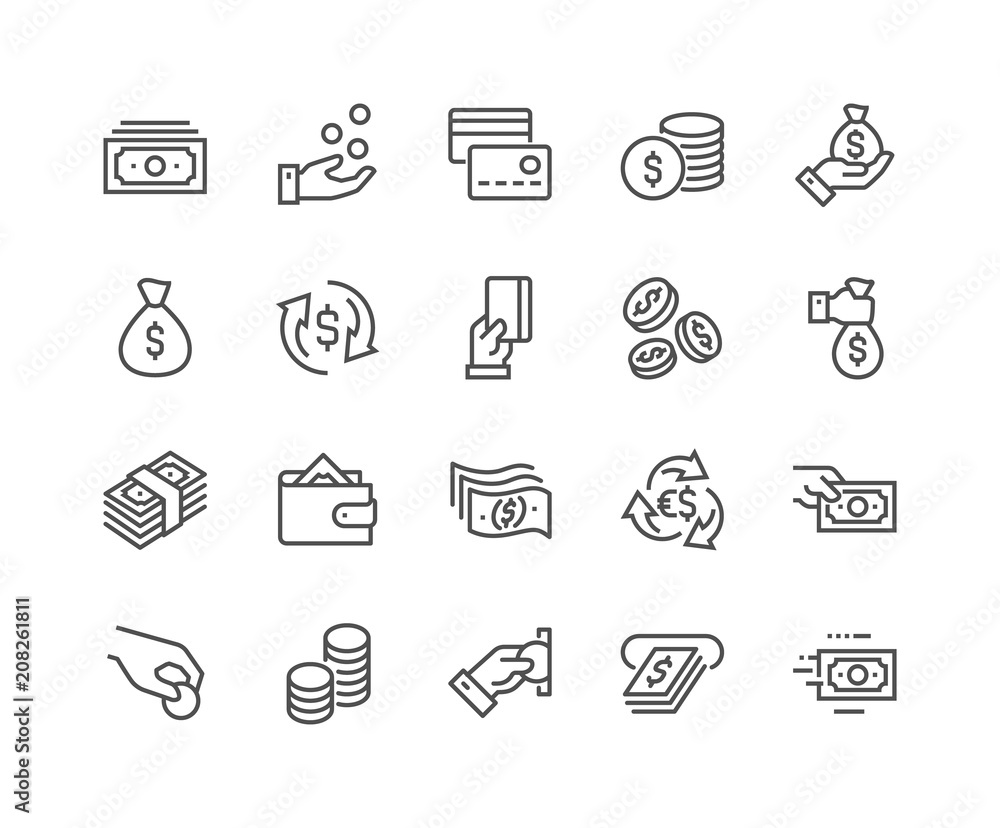 Simple Set of Money Related Vector Line Icons. Contains such Icons as Wallet, ATM, Bundle of ...