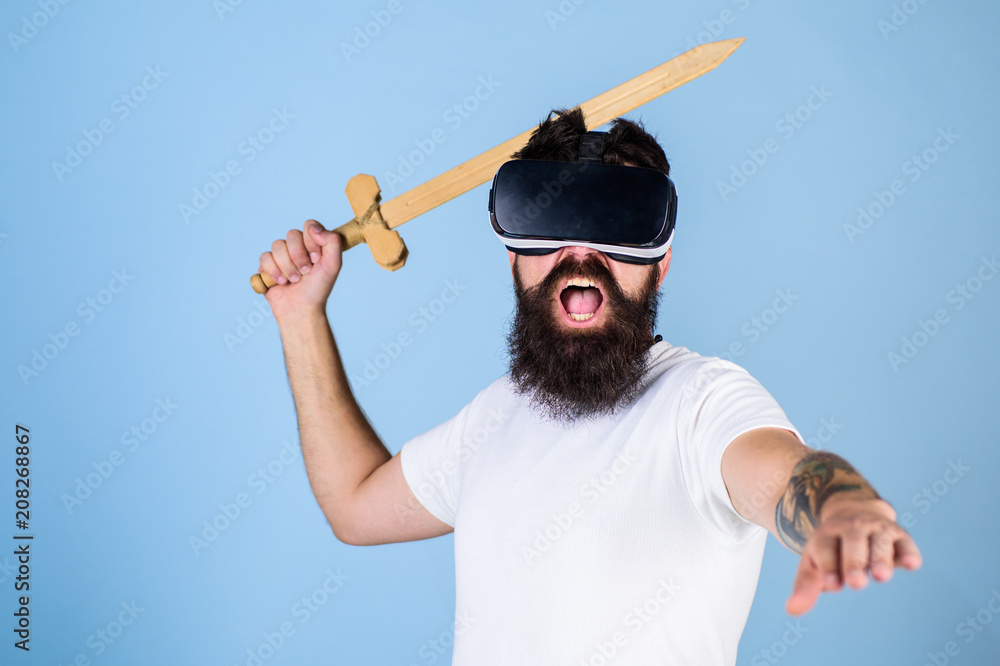 Hipster on shouting face enjoy play game in virtual reality. VR gamer ...