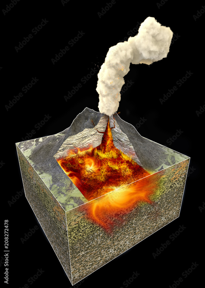Sezione di un vulcano, schema strutturale e sezione del terreno, 3d ...