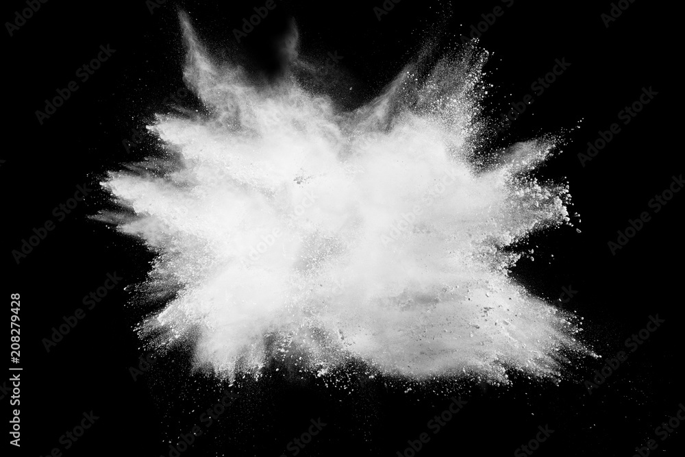 Bizarre forms of white powder explosion against dark background ...