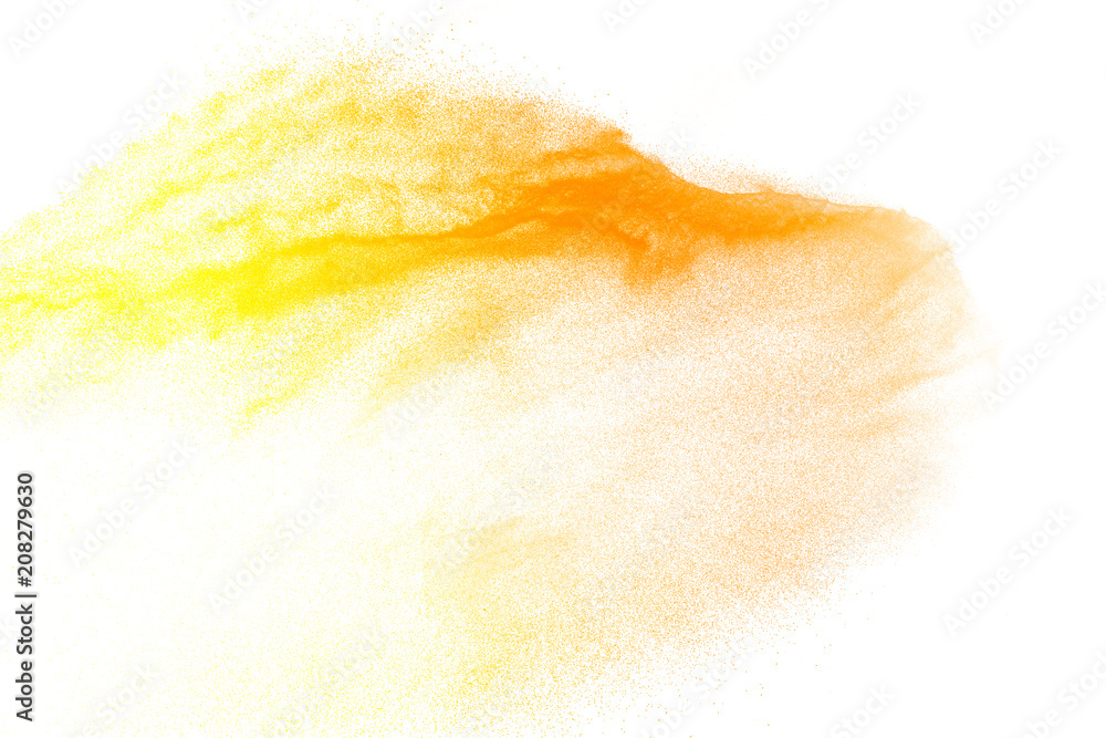 Yellow color powder explosion cloud isolated on white background. Stock ...