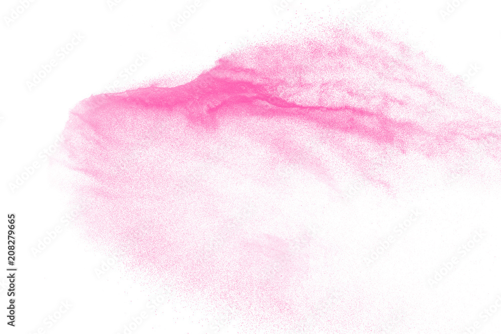 Pink color powder explosion on white background. Launched colorful dust ...