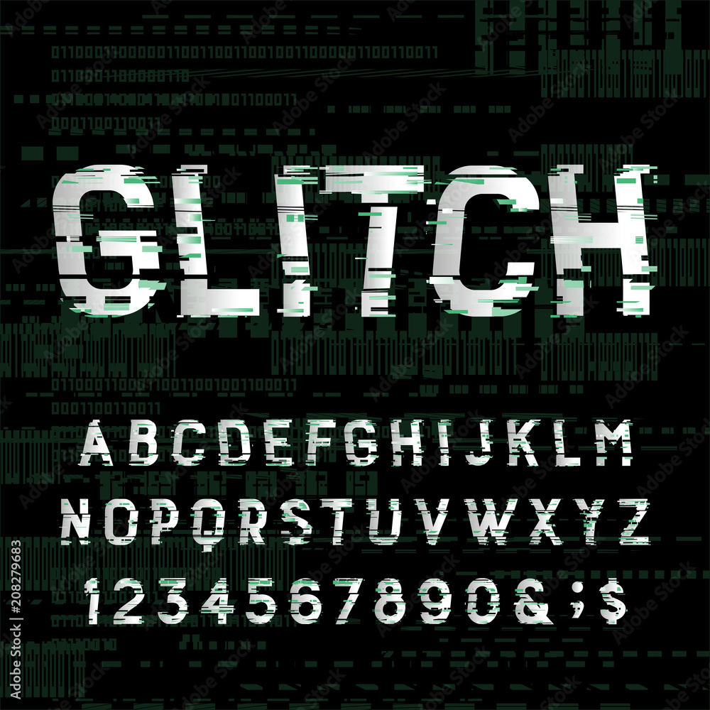 Glitch alphabet font. Distressed type letters and numbers on dark ...