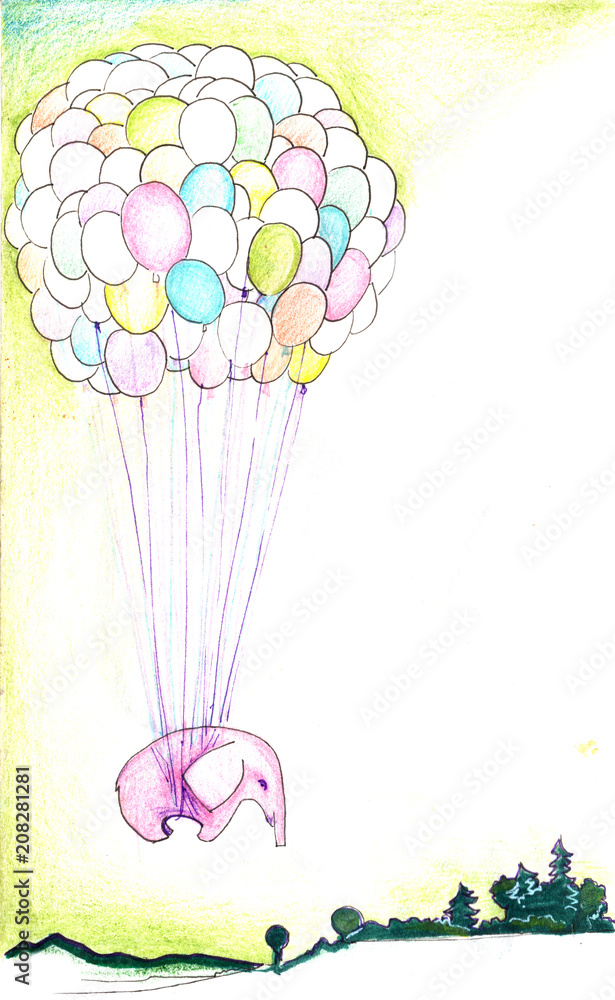 Drawing. A small pink elephant flies on a multitude of balloons. Above ...