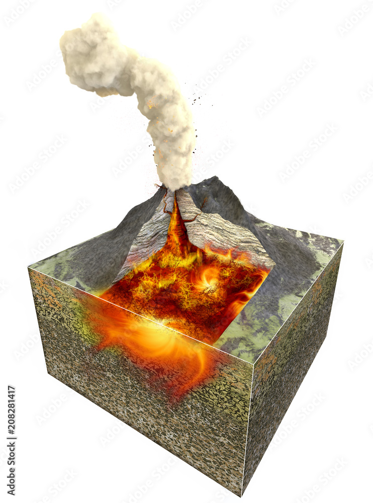 Sezione di un vulcano, schema strutturale e sezione del terreno, 3d ...