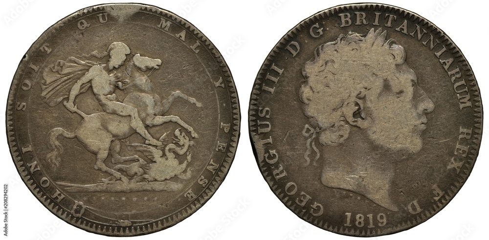 United Kingdom British silver coin 1 one crown 1819, St. George on ...
