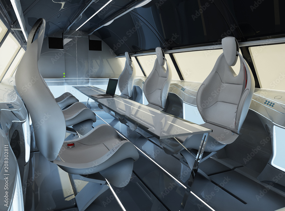 Futuristic interior design of the passenger zone of a supersonic ...