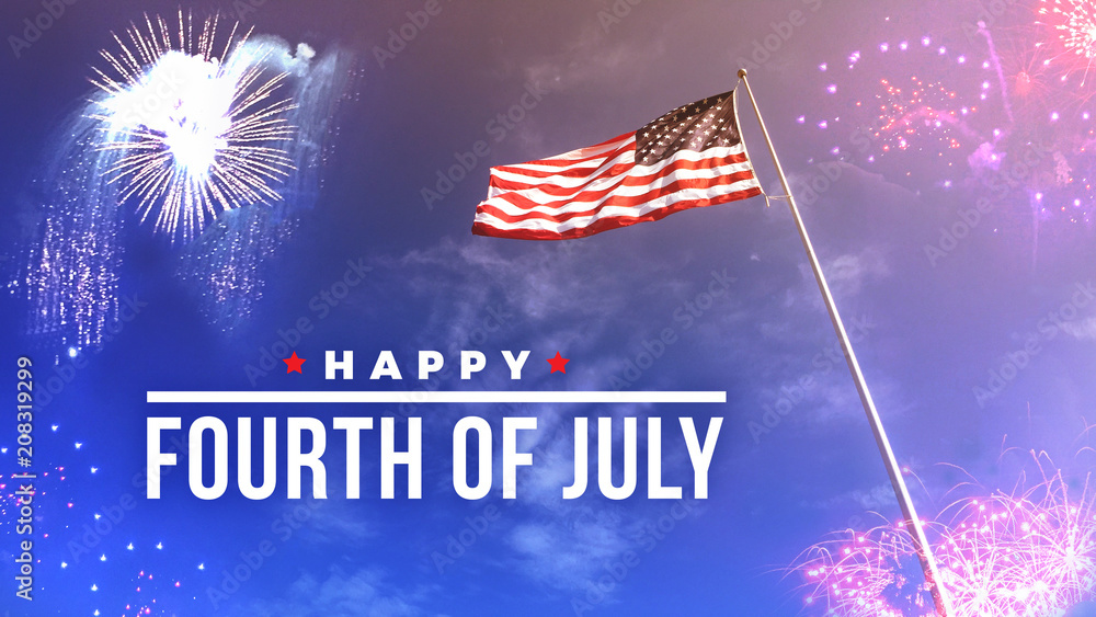 Happy Fourth of July Text Over Fireworks Background and American Flag ...