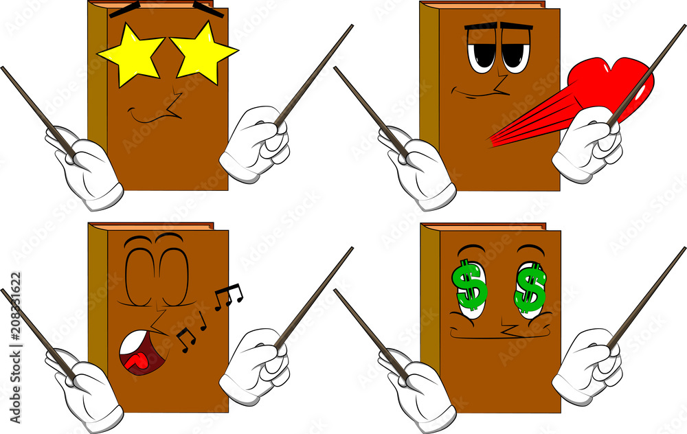 Books orchestra conductor. Cartoon book collection with various faces ...