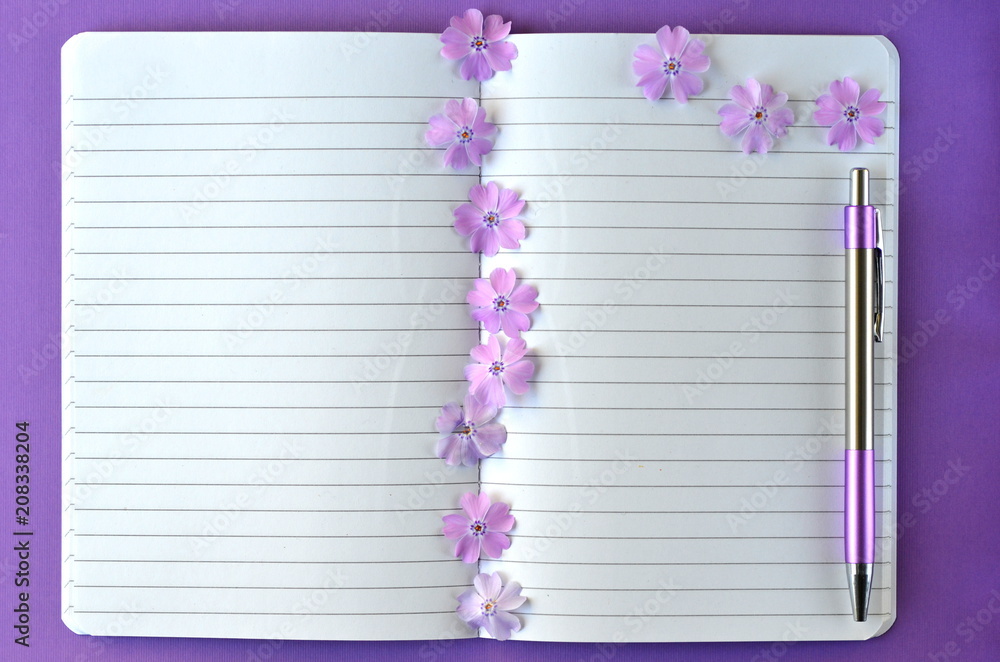 Ultra violet flatlay of feminine stationery, notebook, pen, lavender ...