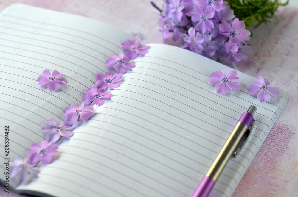 Ultra violet flatlay of feminine stationery, notebook, pen, lavender ...