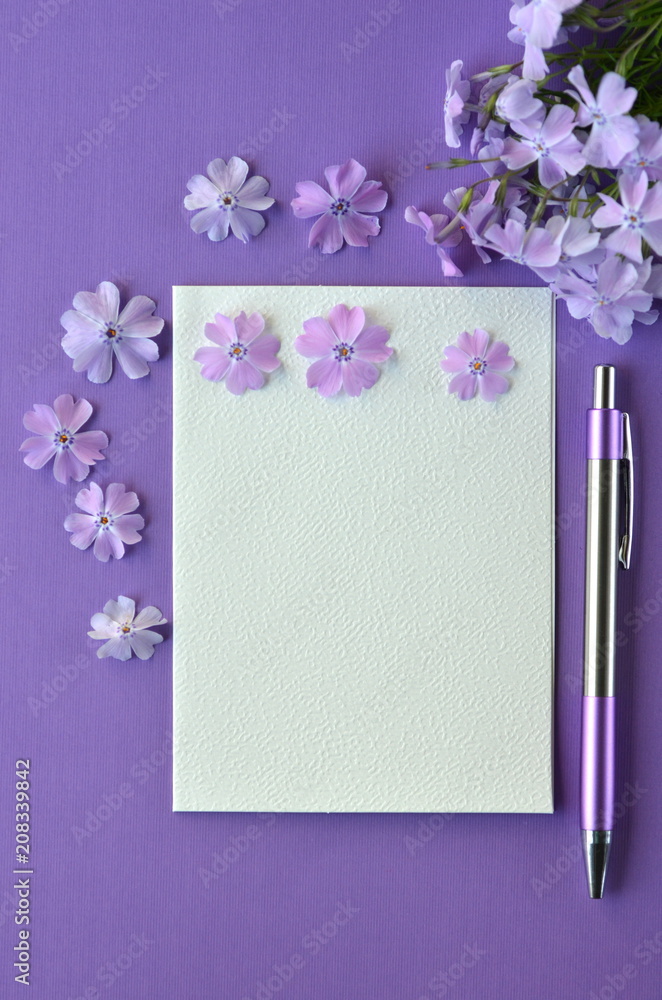 Ultra violet flatlay of feminine stationery, notebook, pen, lavender ...