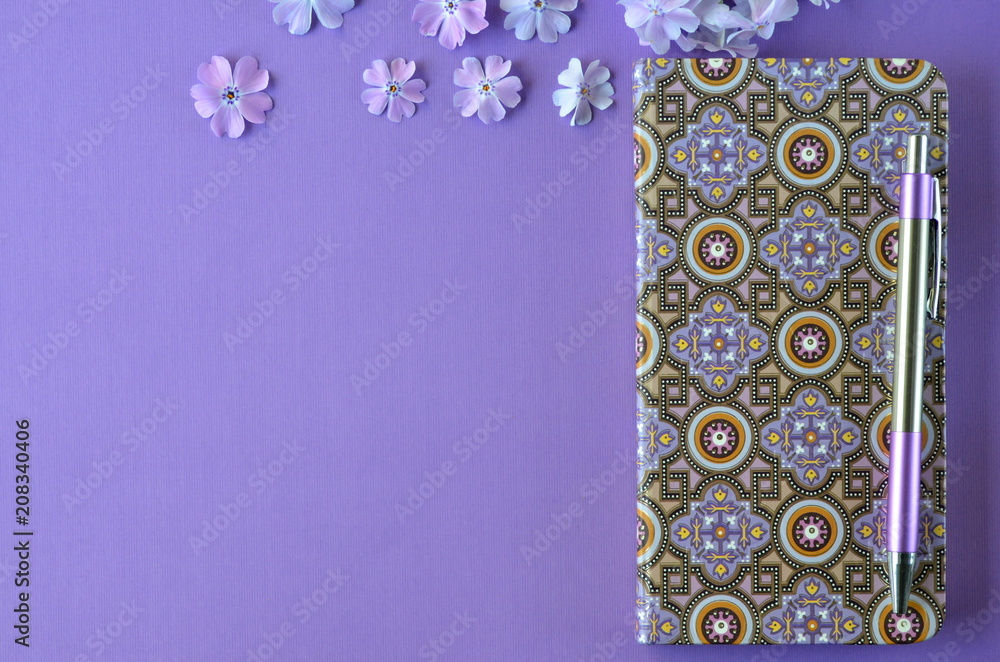 Ultra violet flatlay of feminine stationery, notebook, pen, lavender ...