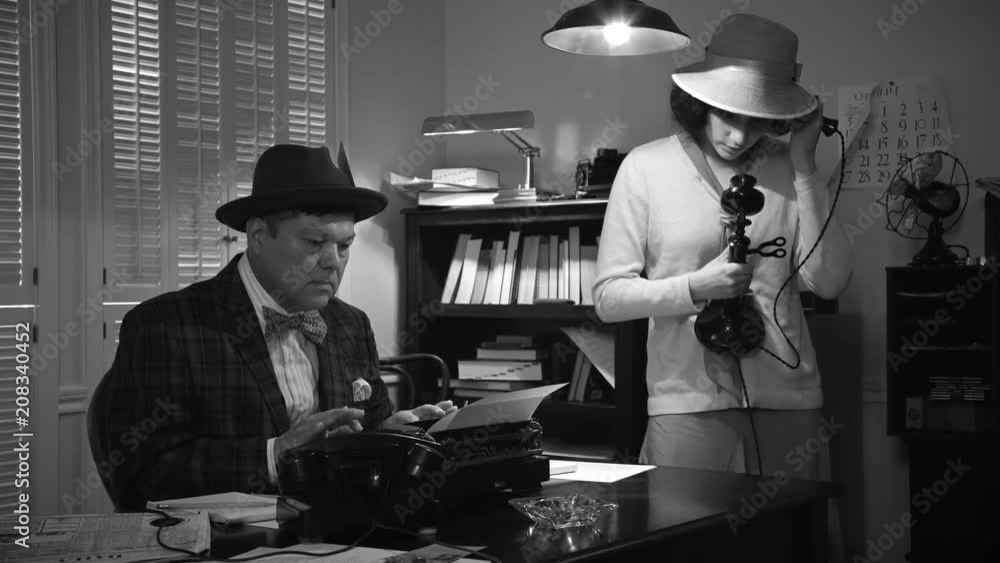 A 1940s journalist who rushes to take a call on a candlestick phone ...