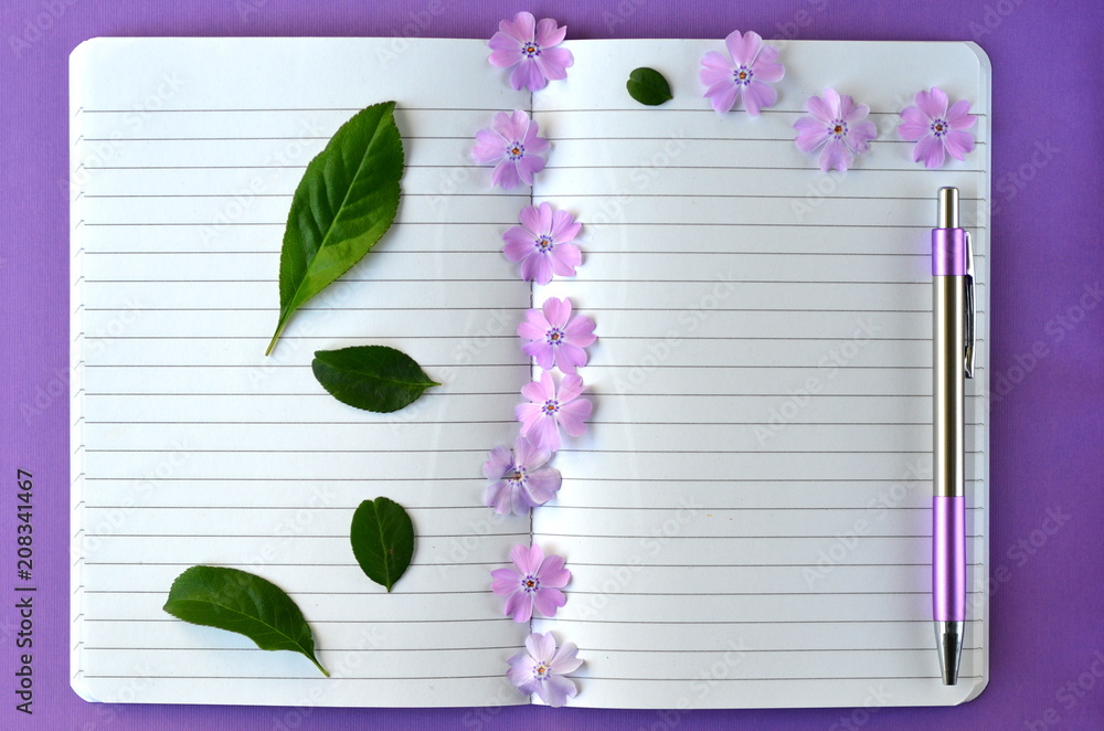 Ultra violet flatlay of feminine stationery, notebook, pen, lavender ...