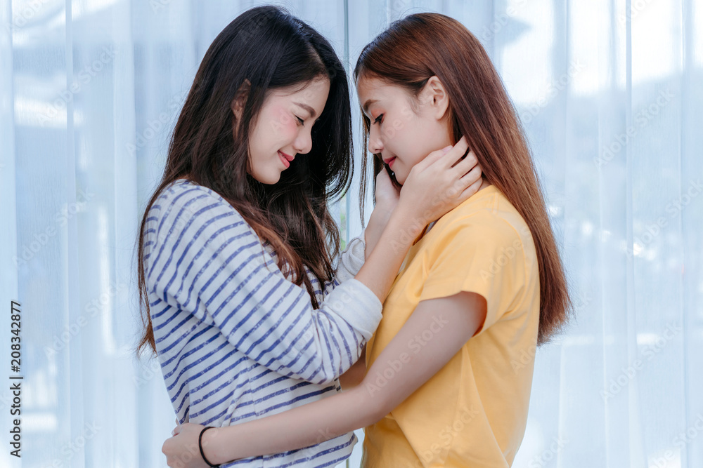 Same Sex Asian Lesbian Couple Lover Embrace In The Bedroom At Morning