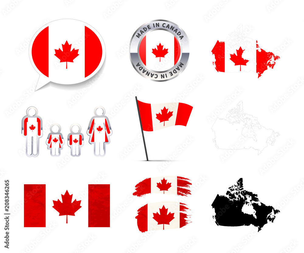 Large set of Canada infographics elements with flags, maps and badges ...