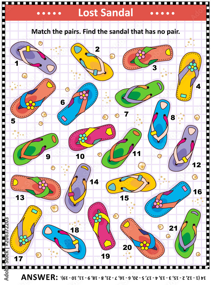 Lost sandal. Summer vacation themed visual puzzle (suitable both for ...