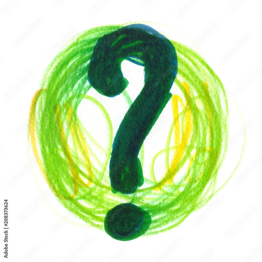 Big dark green question mark in light green circular swirl painted in ...