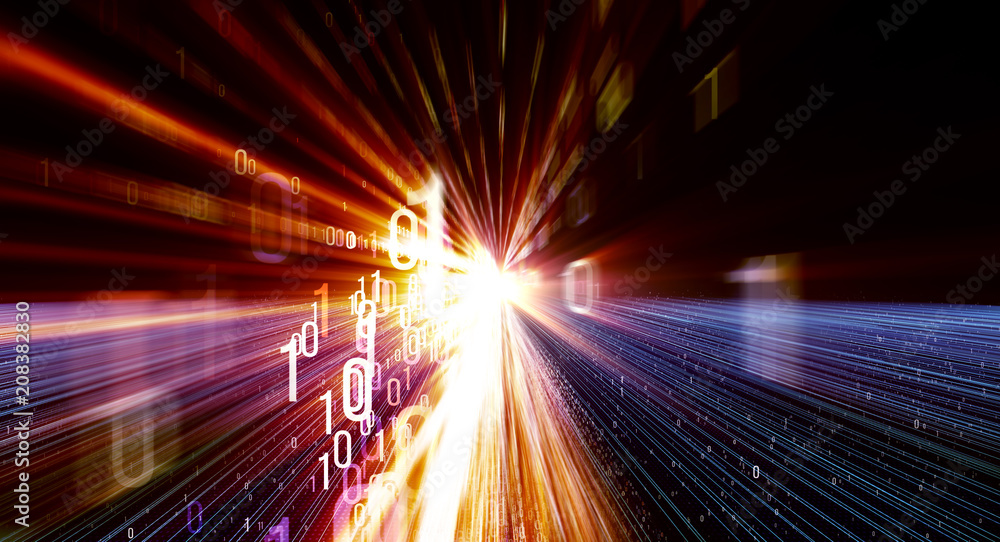 Binary background/ Color bytes of binary code flying through a vortex ...