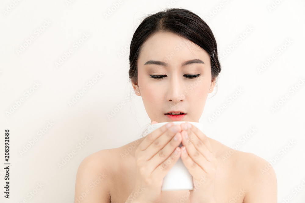 Asian beauty young woman close up head on face with white and healthy ...