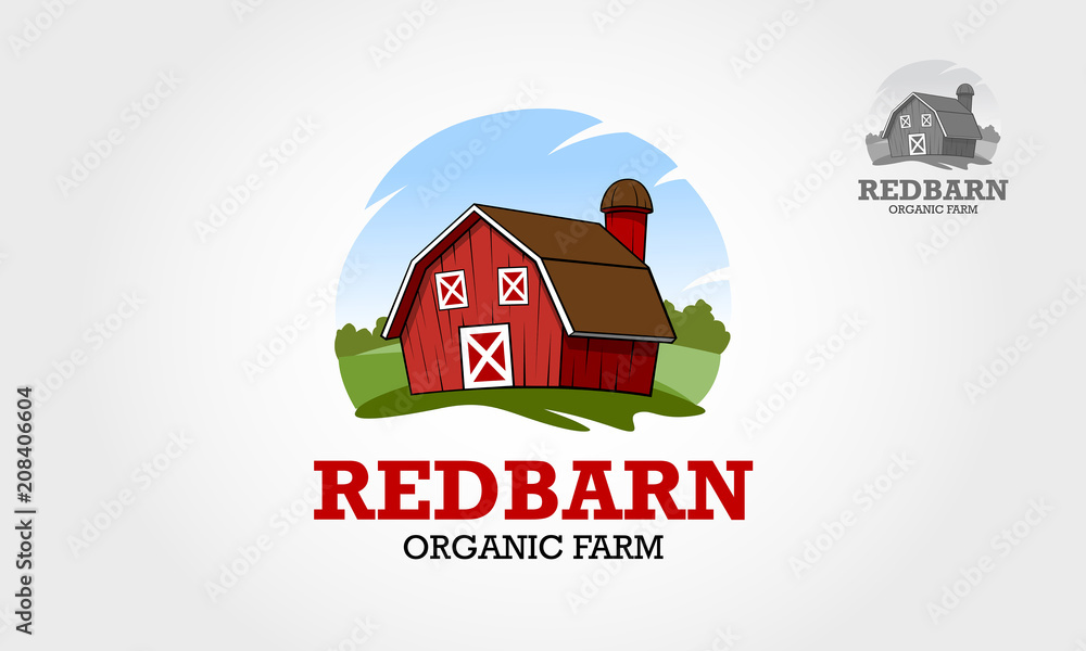 Vetor de Red Barn Organic Farm Vector Logo Cartoon. Vector illustration ...