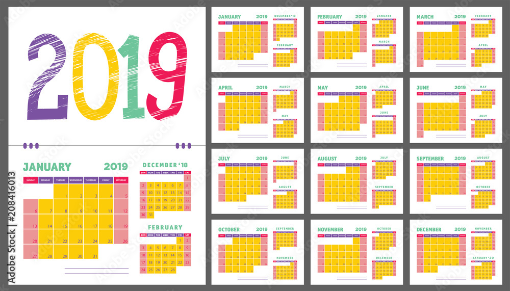 2019 calendar planner. Purple, yellow, green and red color calender ...