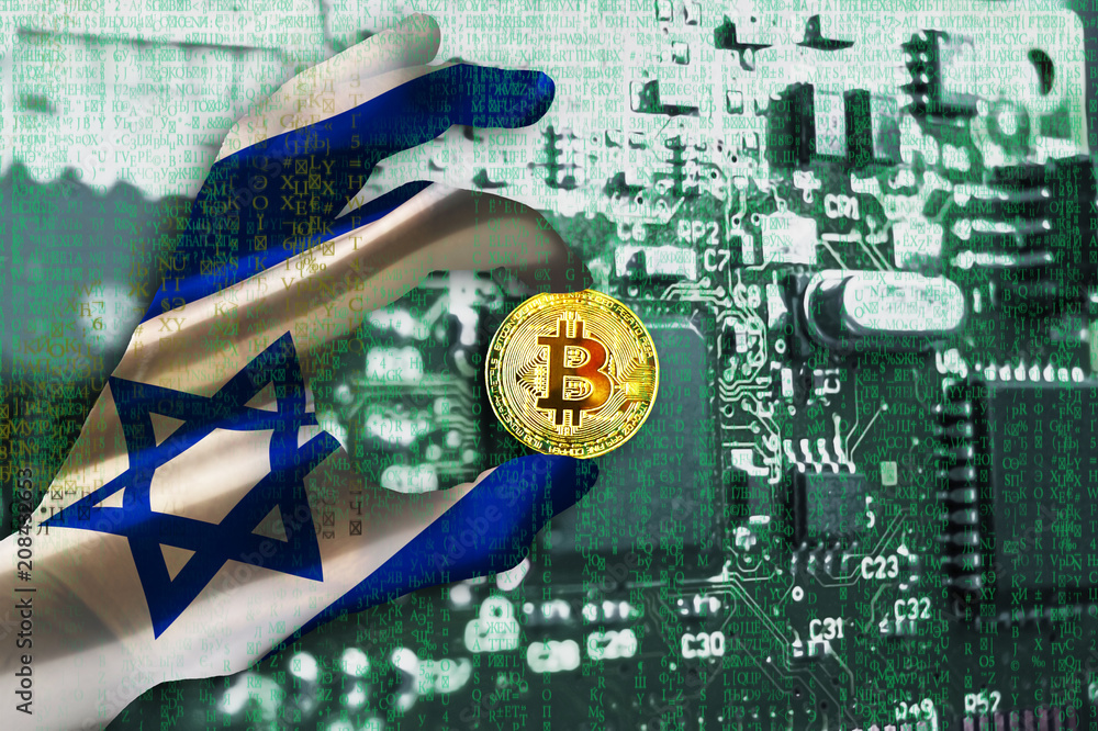 Bitcoin crypto currency Israel flag Binary code Golden Coin of Bitcoin ...