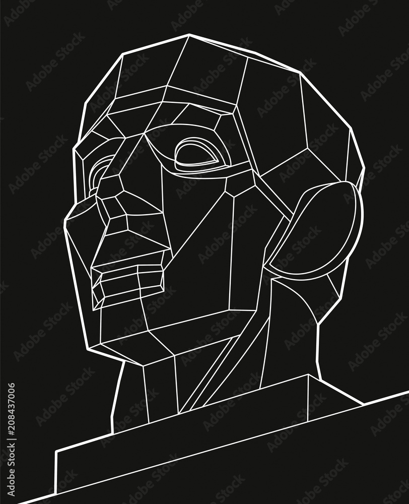 Geometric chopped human head, white lines face on black background. Low ...