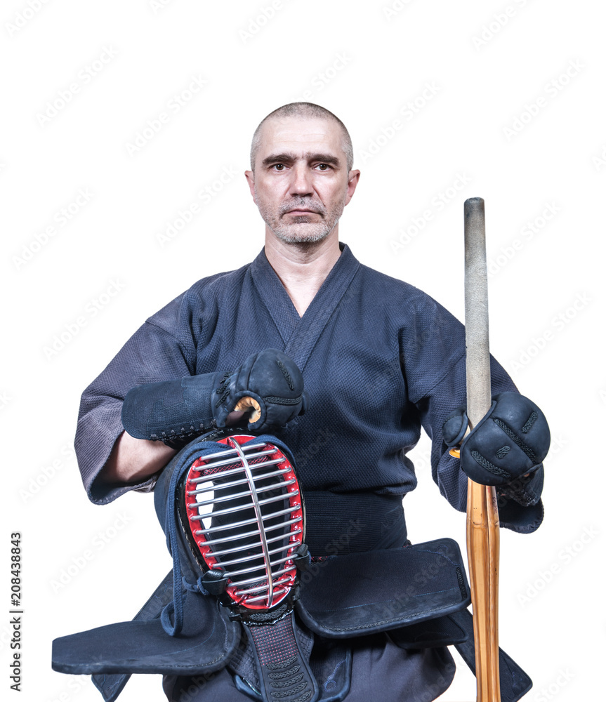 swordsman dressed in protective equipment 'bogu' with bamboo sword ...