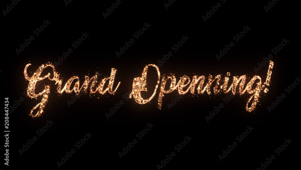 Grand Opening greeting text with particles and sparks isolated on black ...
